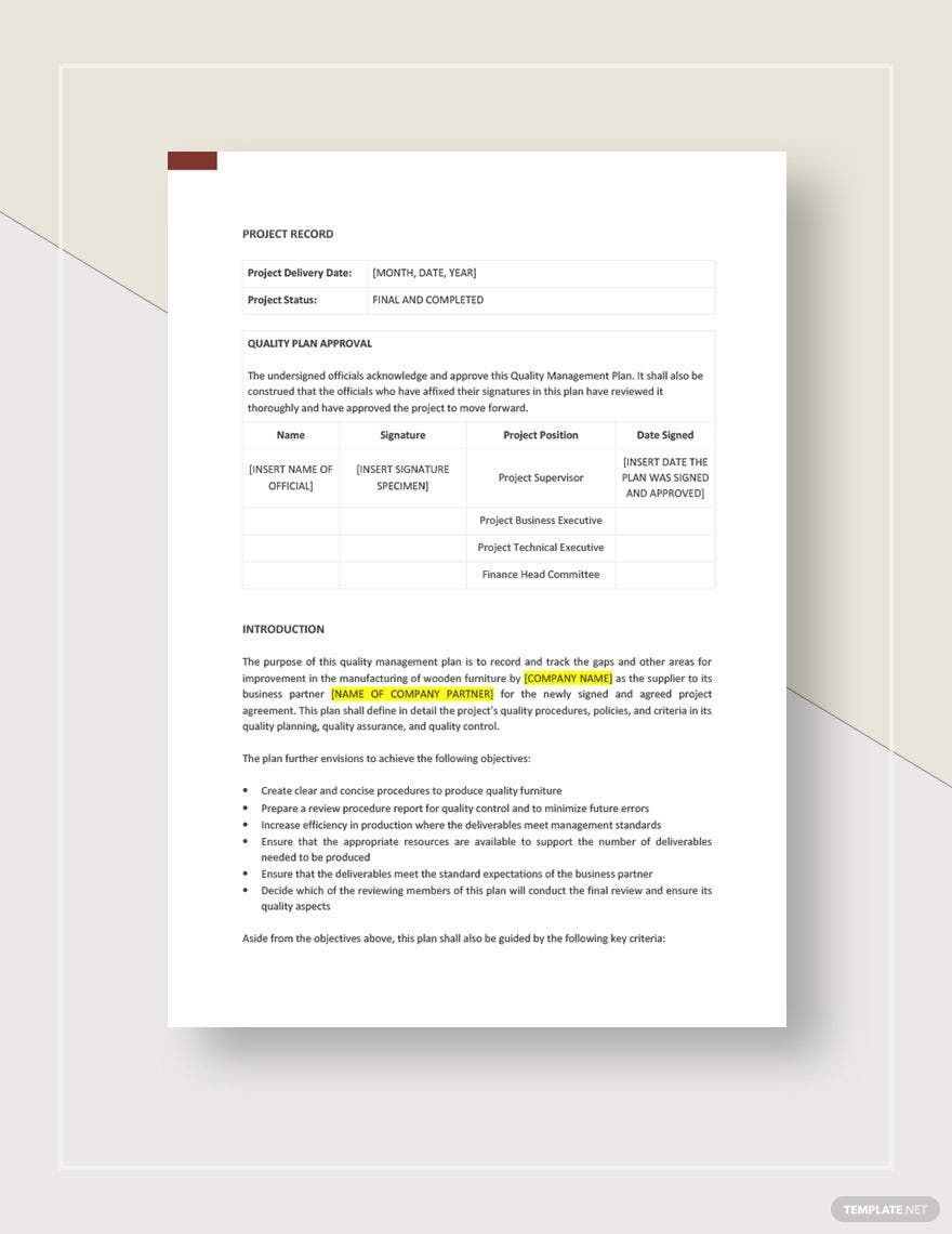 Project Quality Management Plan Template Google Docs Word Template Net