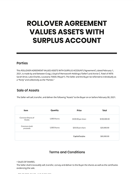 Rollover Agreement Values Assets with Surplus Account Template
