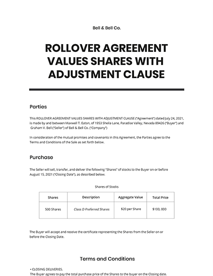 Rollover Agreement Values Shares with Adjustment Clause Template