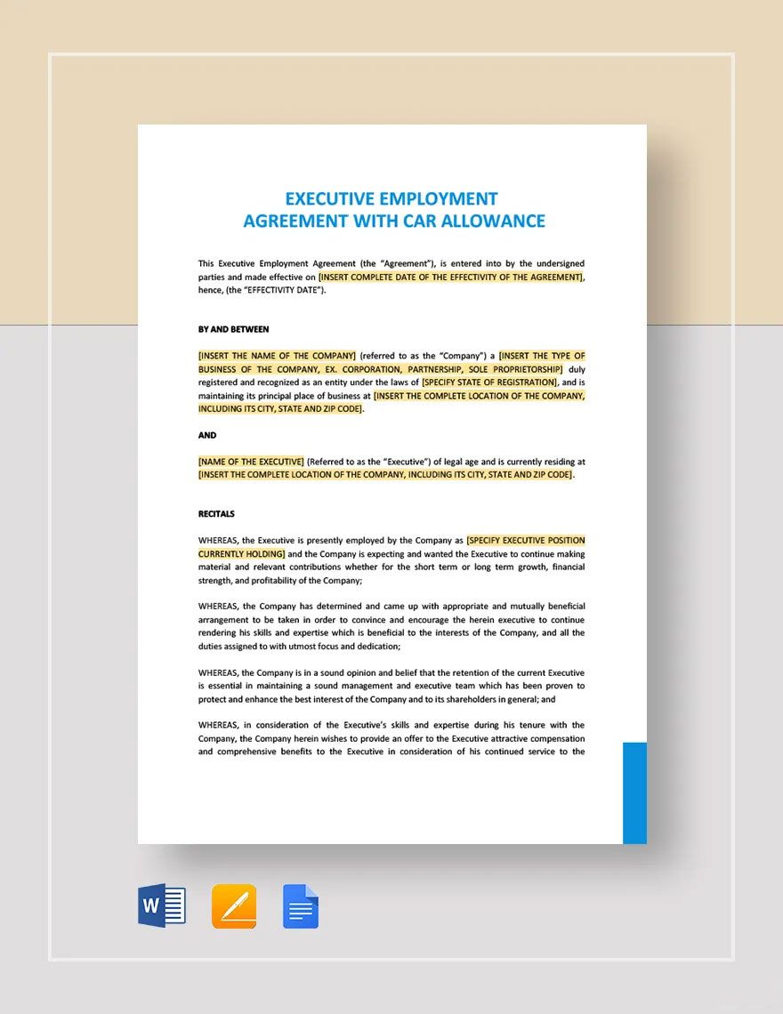 Executive Employment Agreement With Car Allowance Template Download 