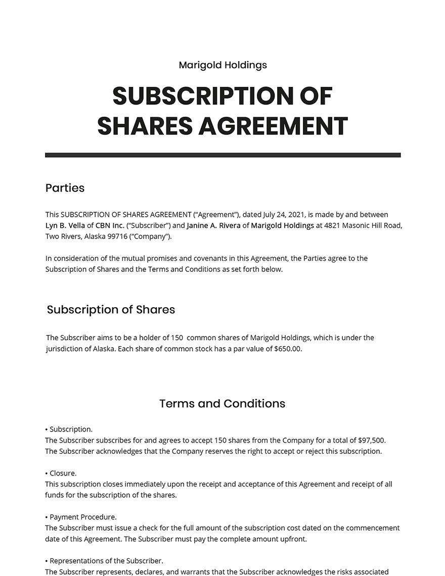 Subscription of Shares Agreement Template - Google Docs, Word, Apple ...