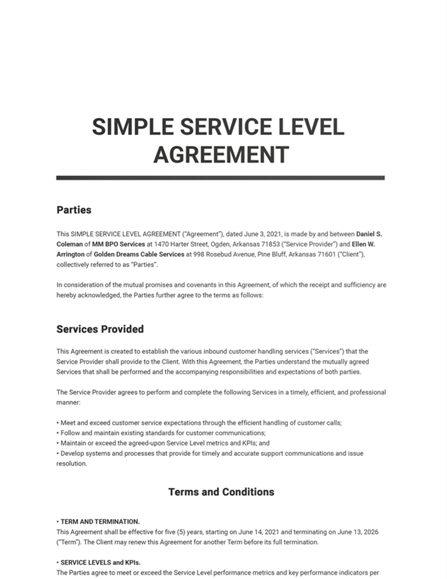 Simple Service Level Agreement Template Google Docs Word Apple