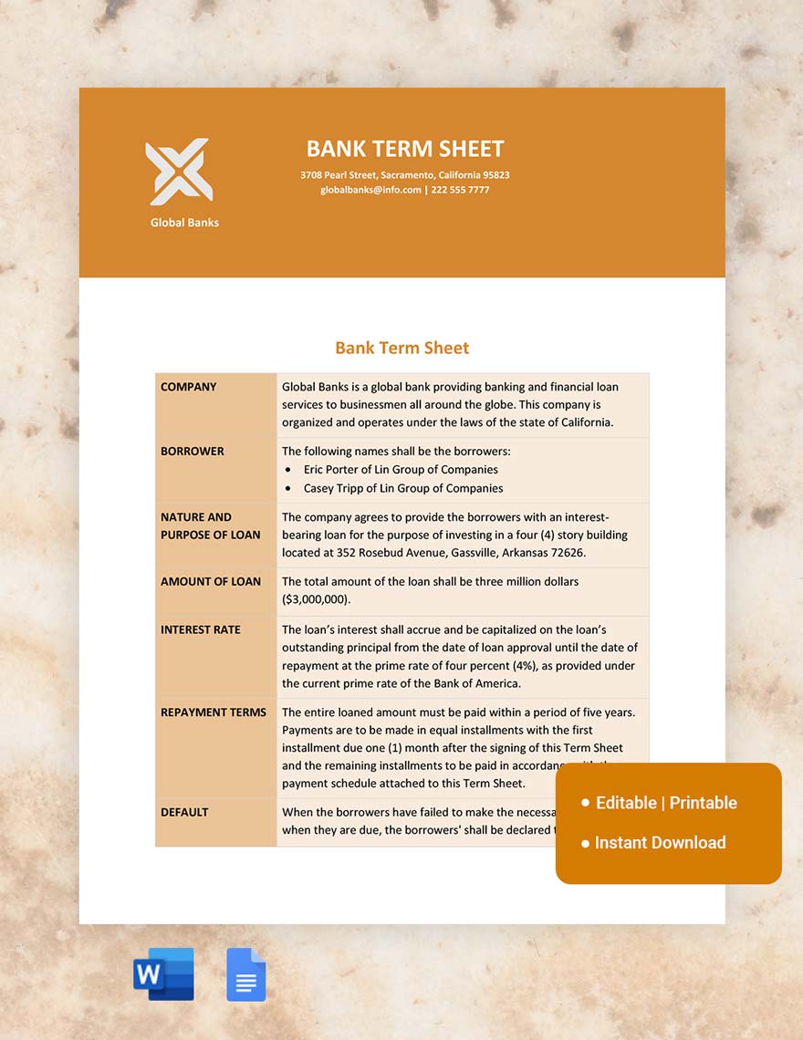 Bank Term Sheet Template In Google Docs Word Download Template