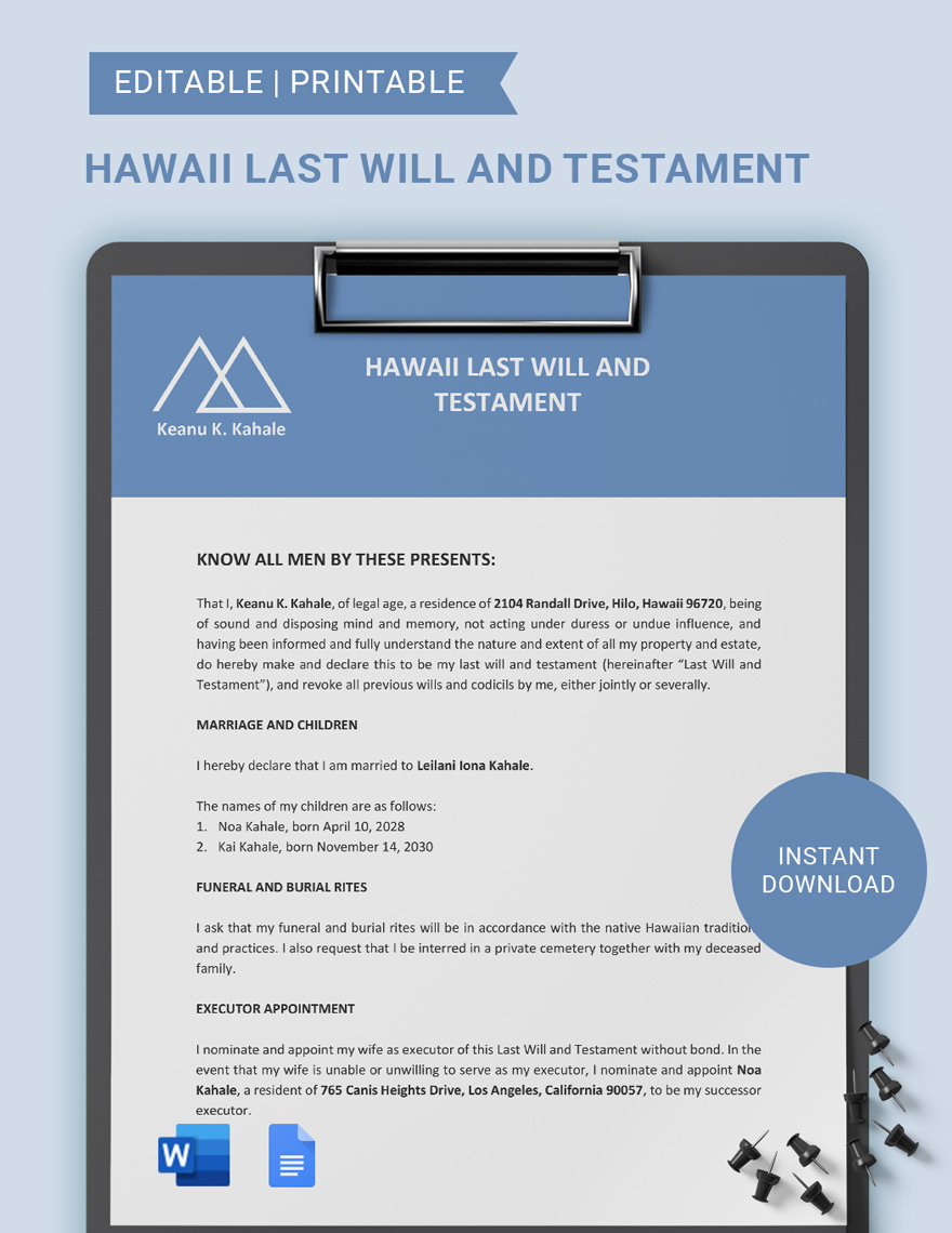 Hawaii Last Will And Testament Template Download In Word Google Docs 
