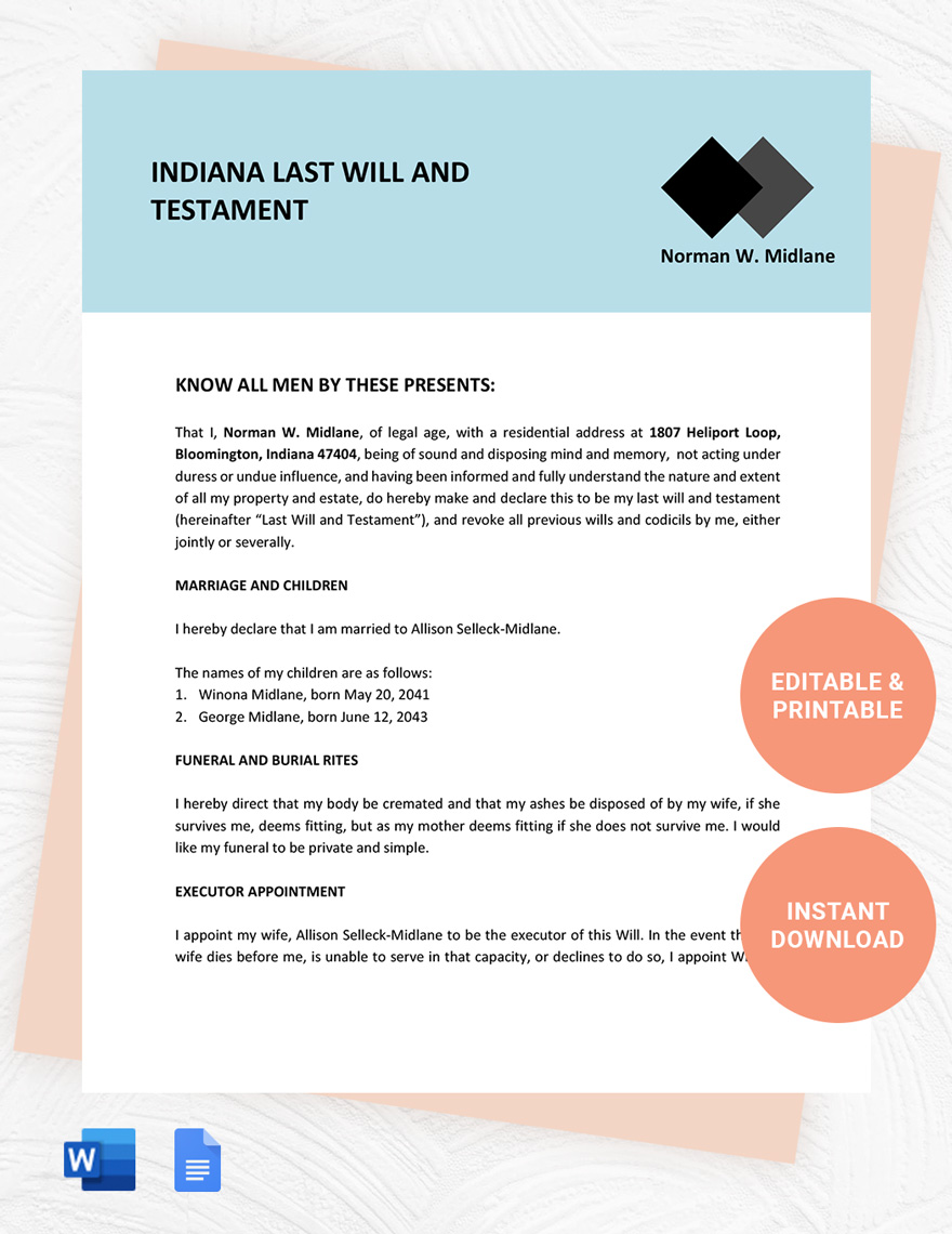Last Will And Testament Indiana Template