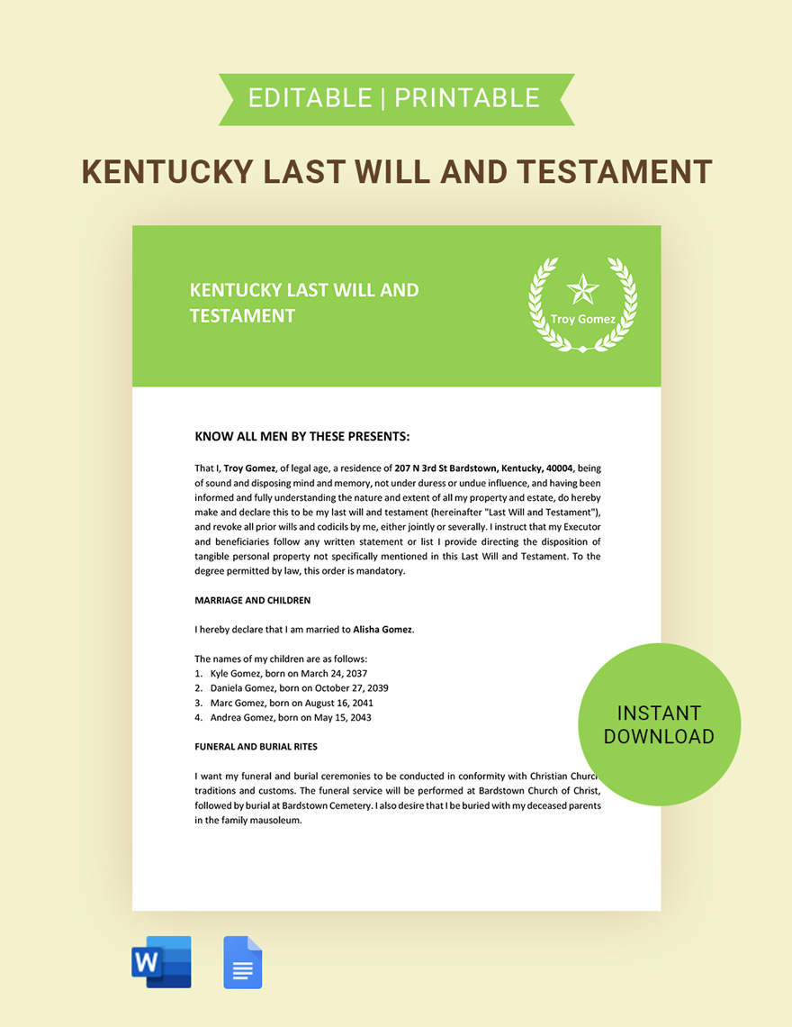 Kentucky Last Will And Testament Template Download In Word Google 