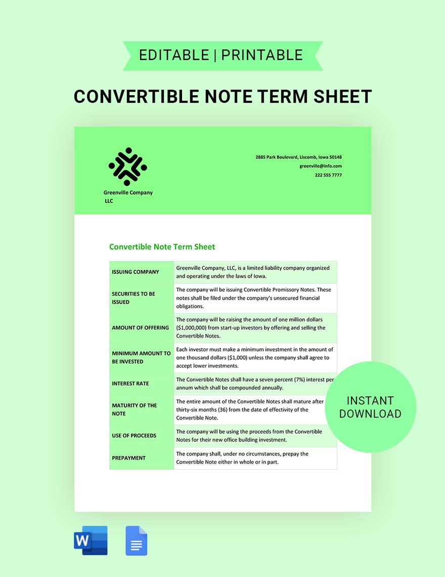 Convertible Note Term Sheet Template Download In Word Google Docs 