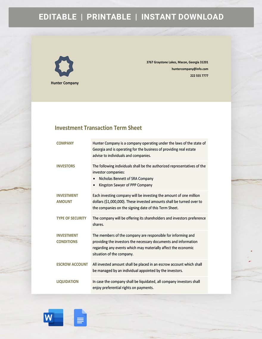 Free Standard Term Sheet Template - Google Docs, Word | Template.net