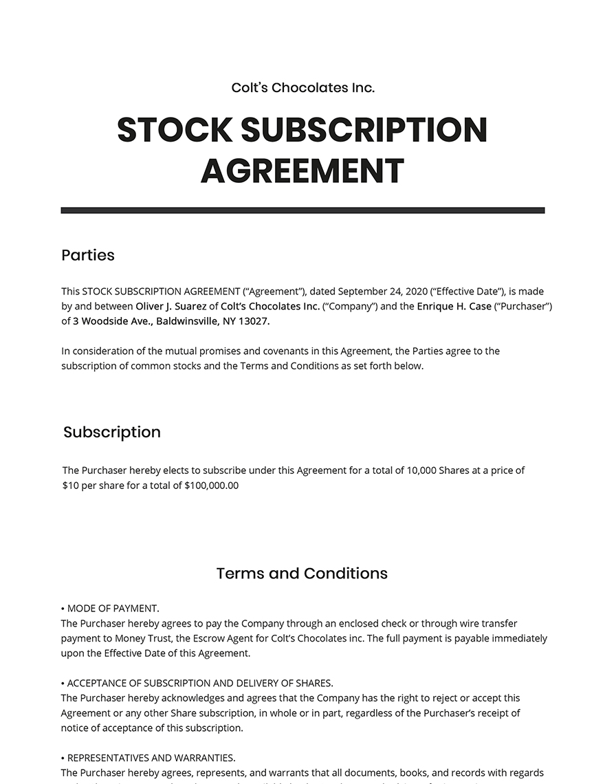 Subscription Agreement Template Google Docs Word Apple Pages 