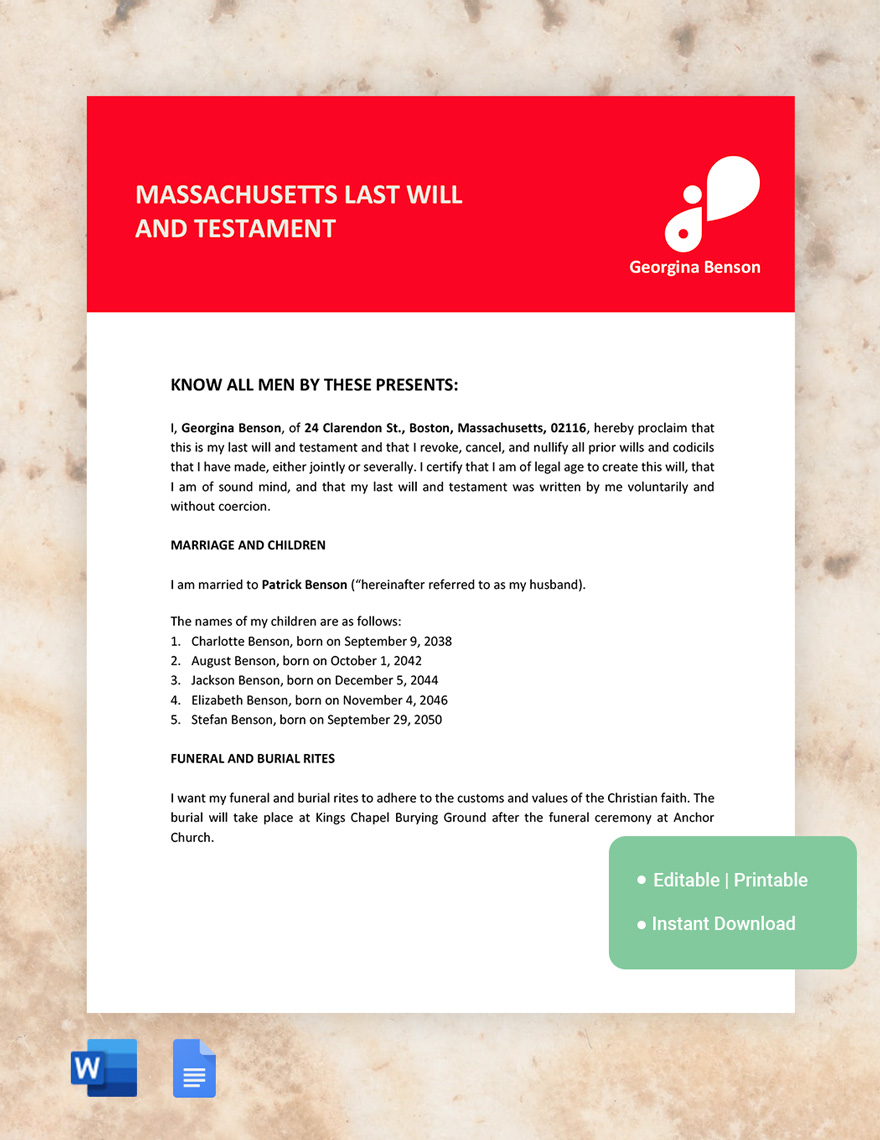 Massachusetts Last Will And Testament Template Download In Word 