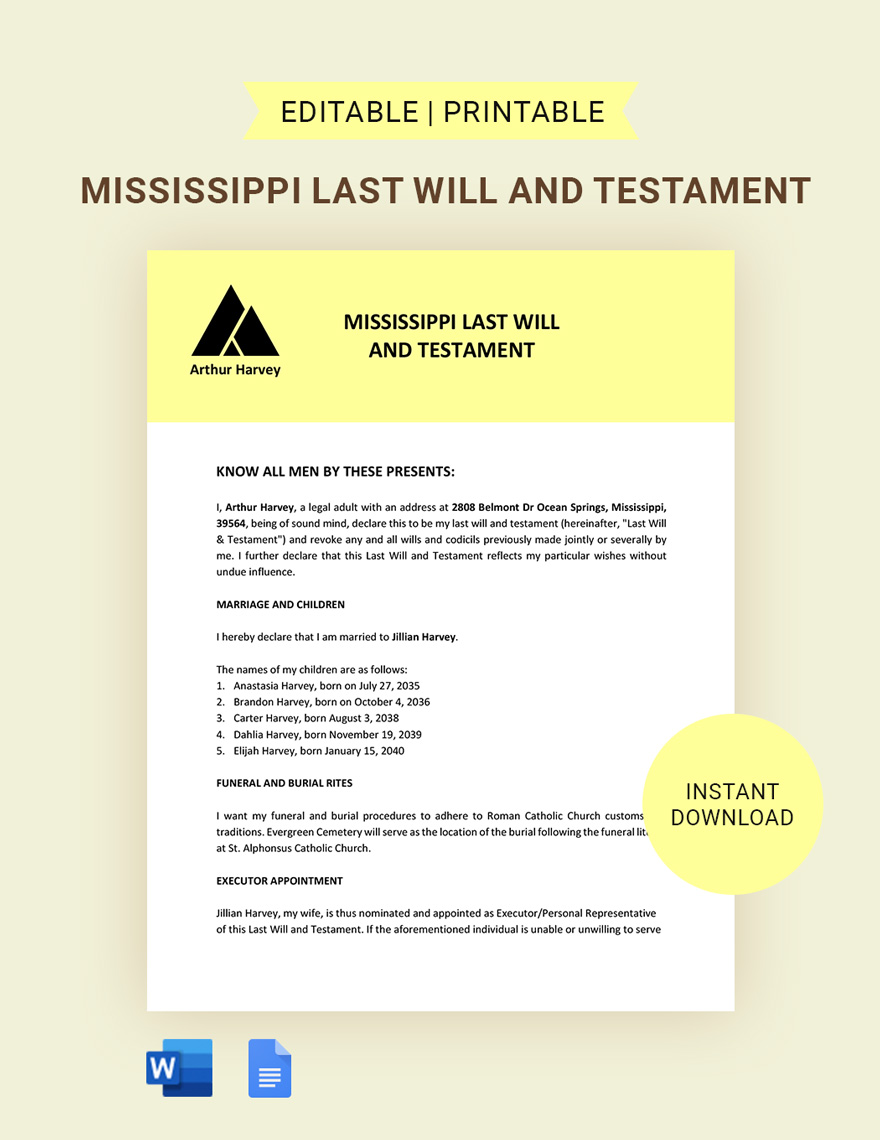 Mississippi Last Will And Testament Template Google Docs Word 