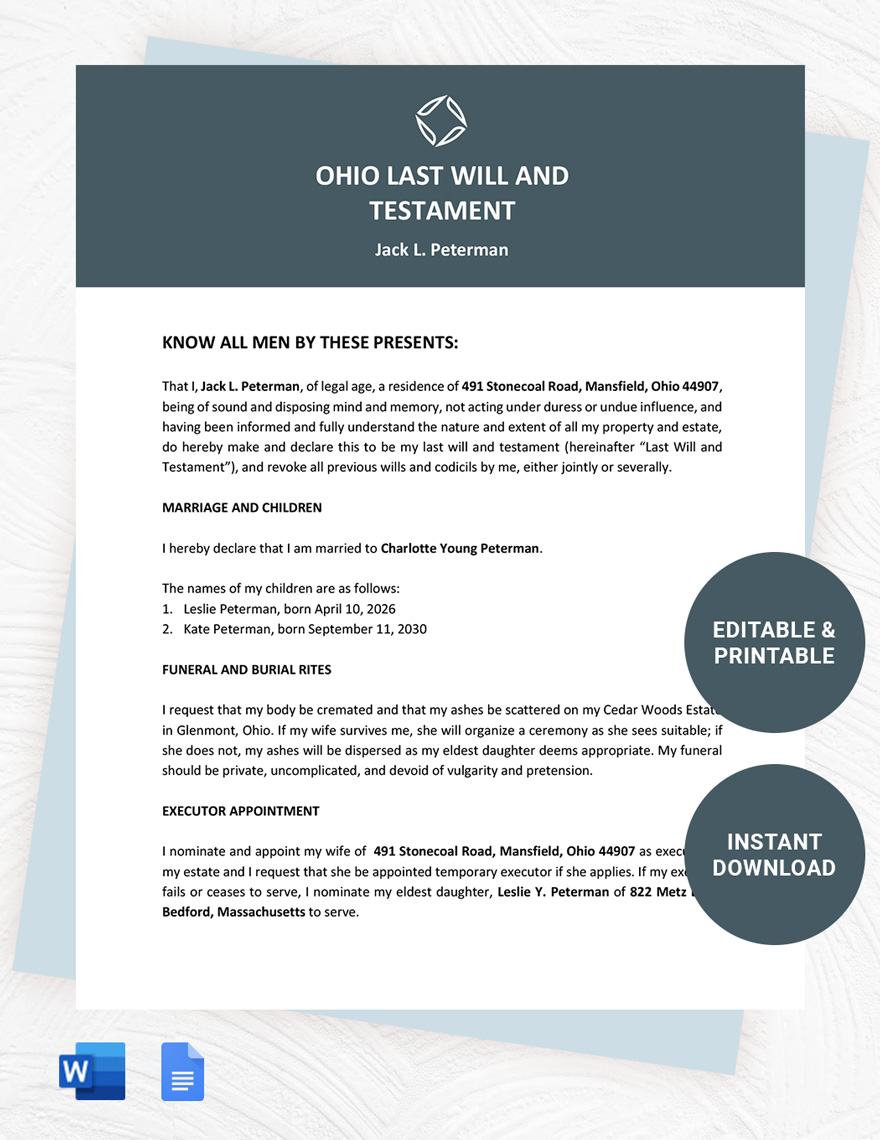 Ohio Last Will And Testament Template Download In Word Google Docs 