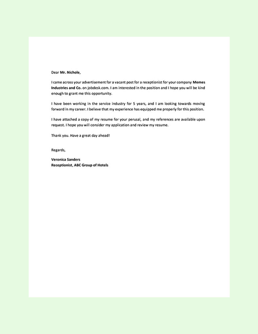 Job Application Letter For Receptionist Template - Google Docs, Word ...