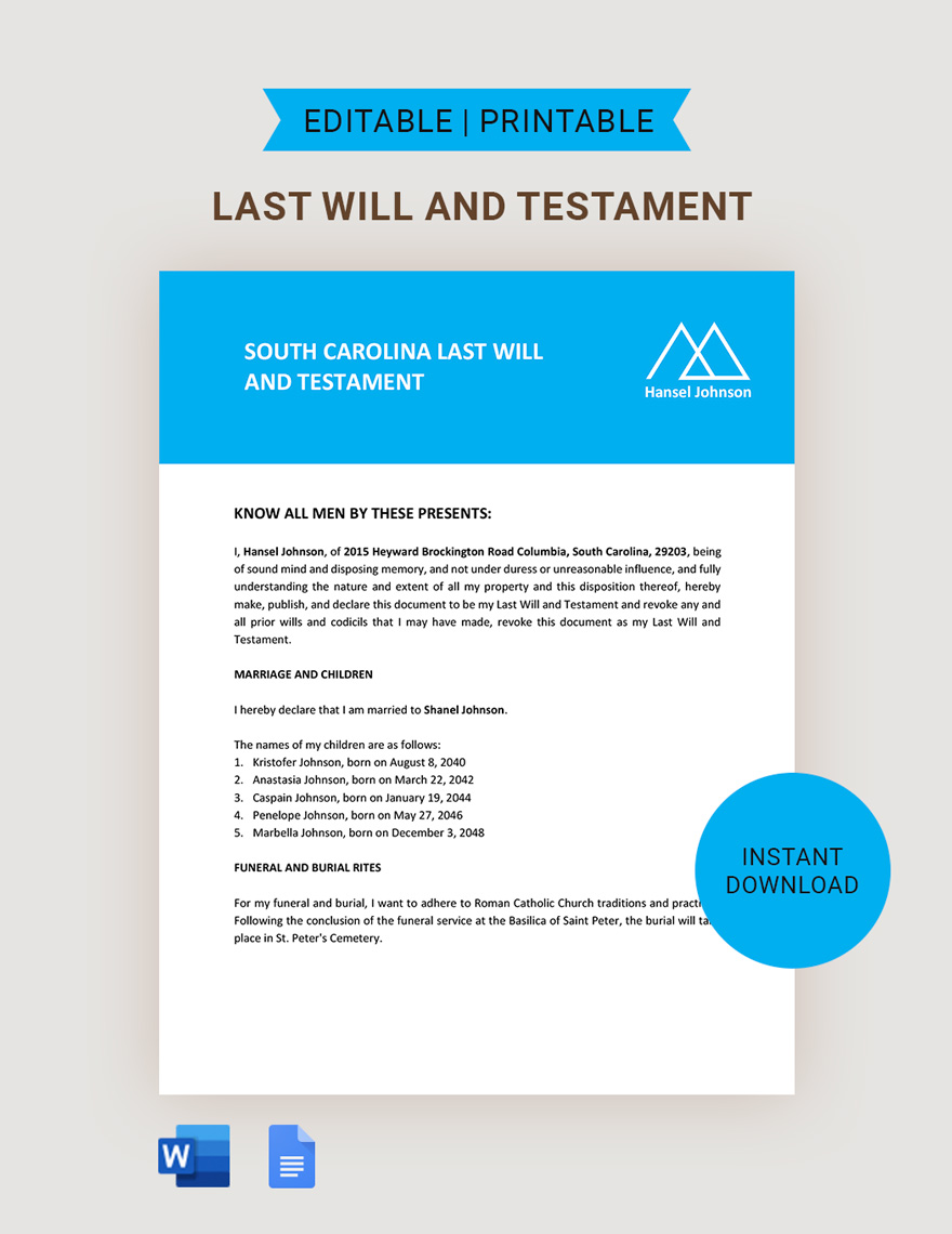 North Carolina Last Will And Testament Template Google Docs Word 