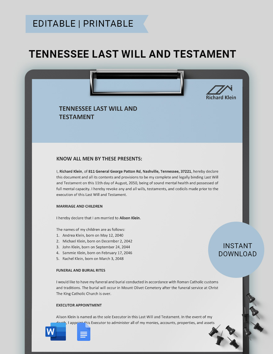 Tennessee Last Will And Testament Template Download In Word Google 