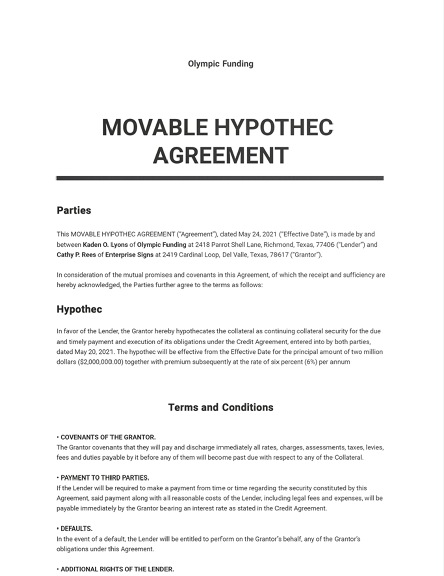 Movable Hypothec Agreement Template - Google Docs, Word, Apple Pages ...