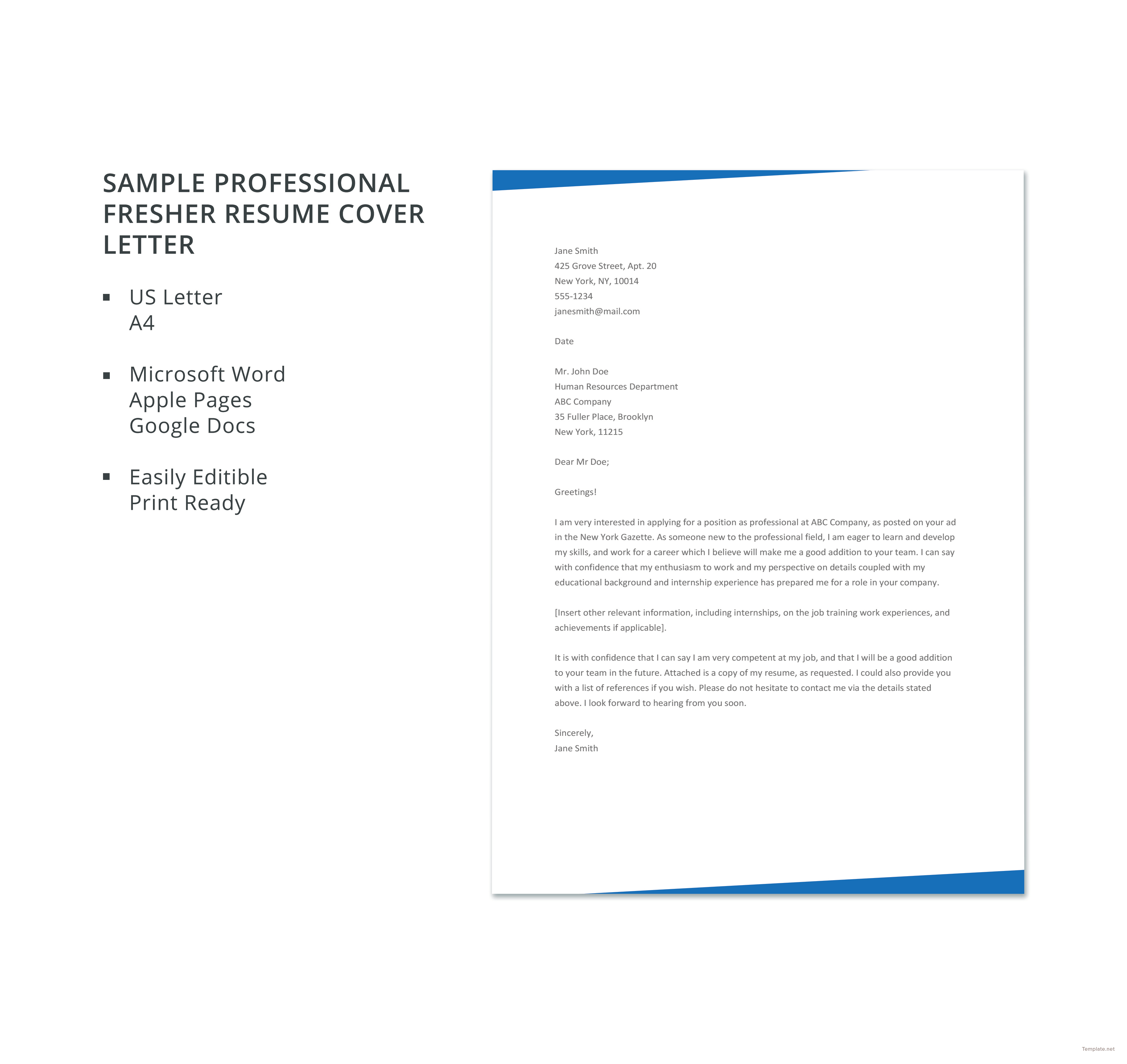 Free Sample Professional Fresher Resume Cover Letter Template In 