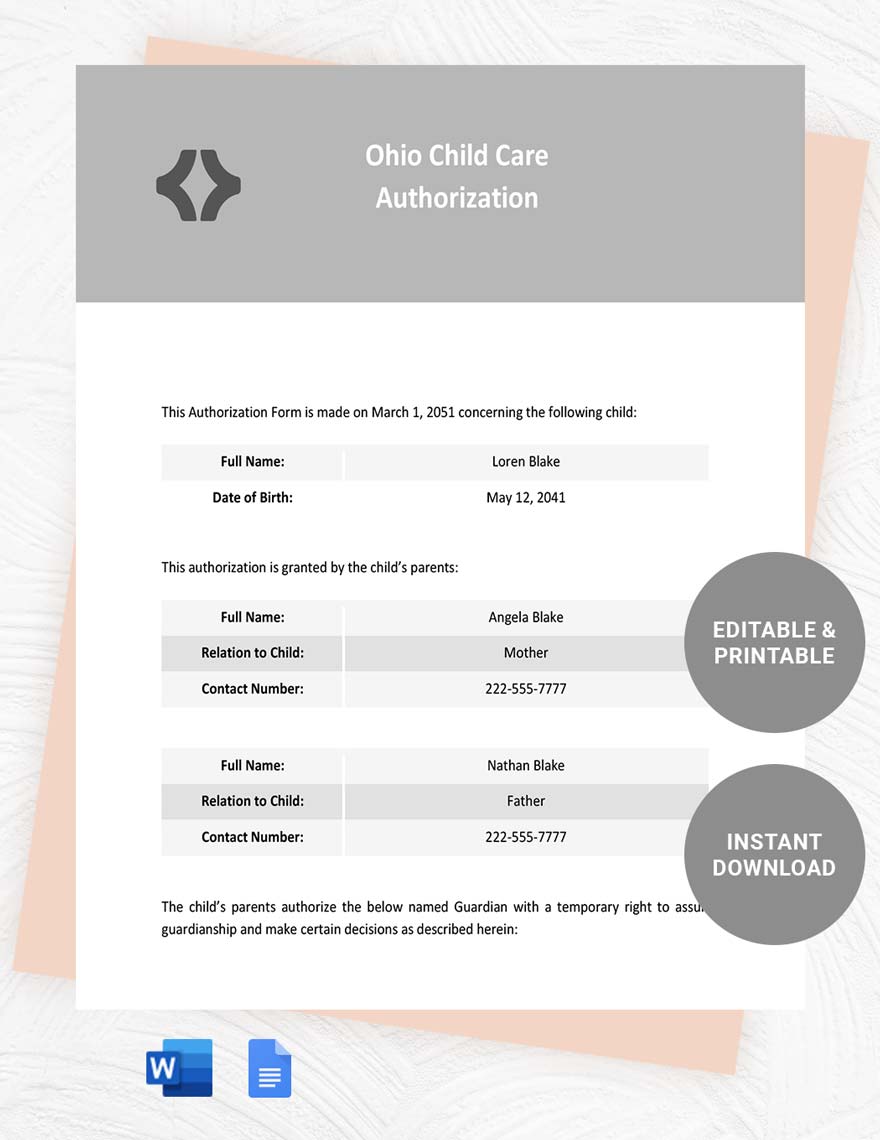 Ohio Child Care Authorization Template In Google Docs Word Download