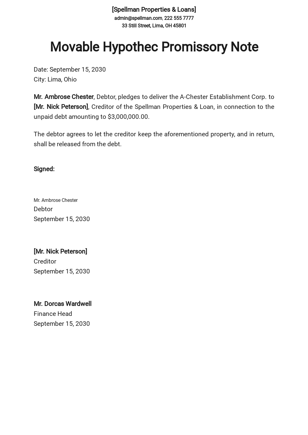 Movable Hypothec Promissory Note Template