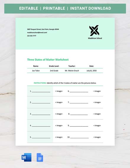 Three States Of Matter Worksheet - Google Docs, Word | Template.net
