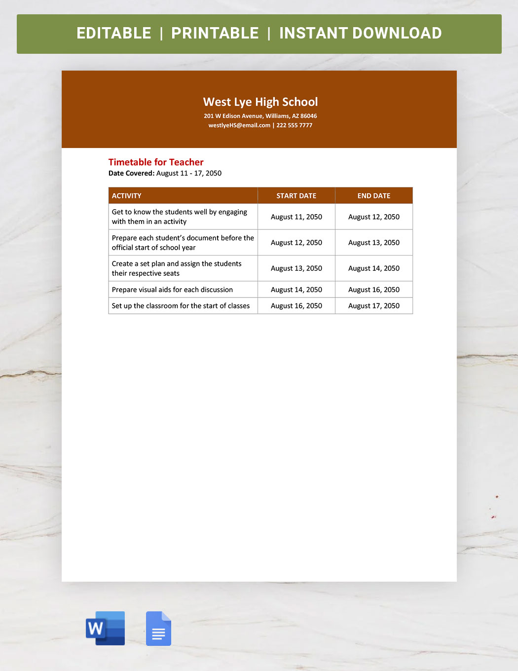 School Timetable Template - Download in Word, Google Docs, PDF, Apple ...