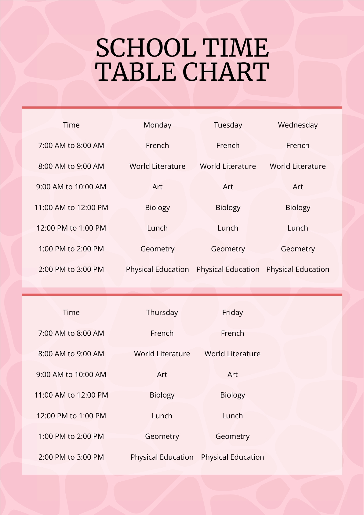 School Time Table Chart Download In PDF Template