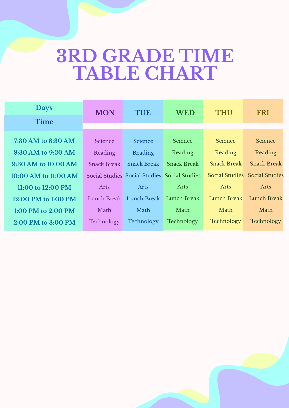 Free 3rd Grade Time Table Chart Template PSD Template