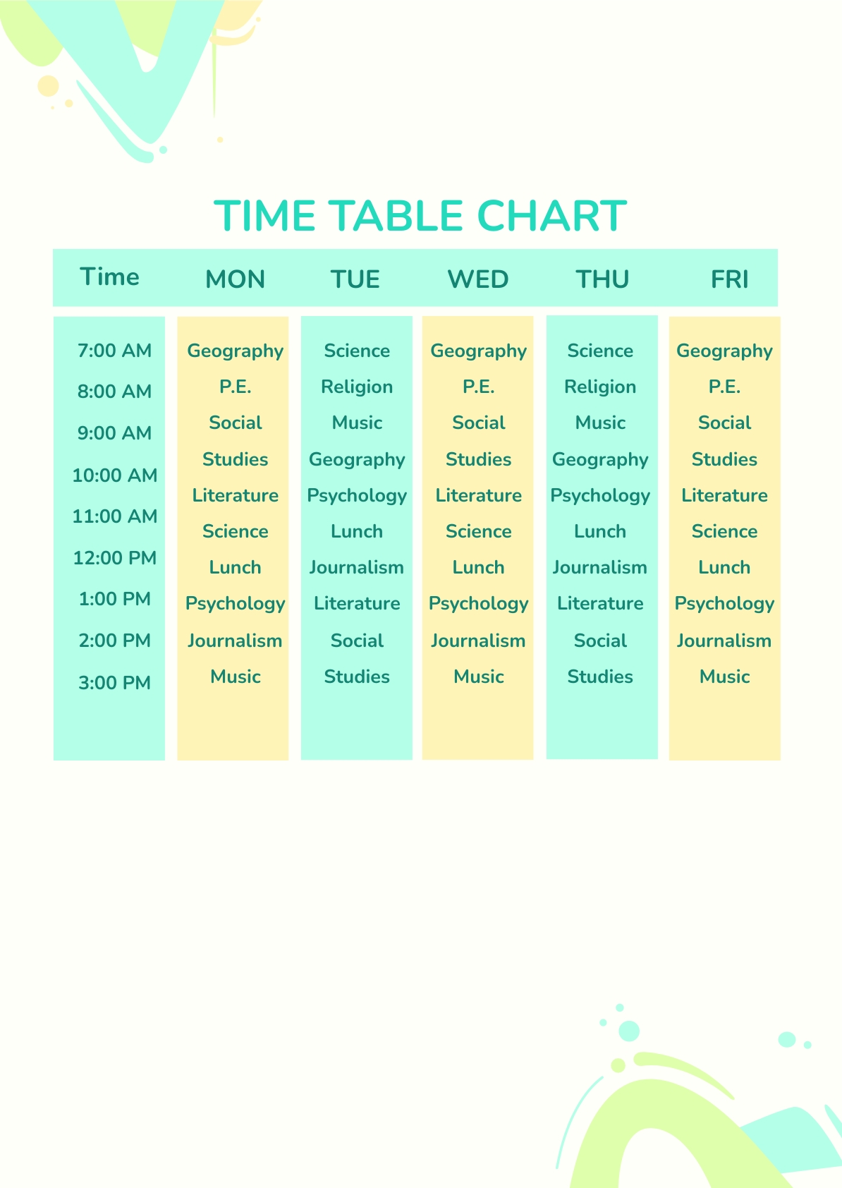 Daily Time Table Chart Template In PDF Download