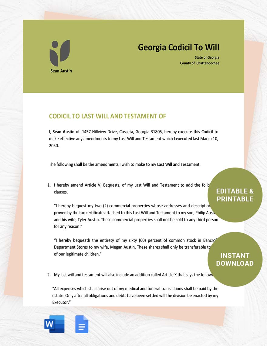 Free Georgia Codicil To Will Template Download In Word Google Docs 
