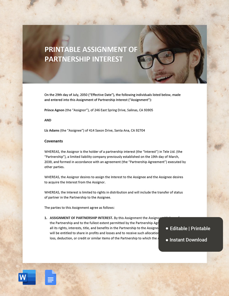 Free Printable Assignment Of Partnership Interest Template Download 