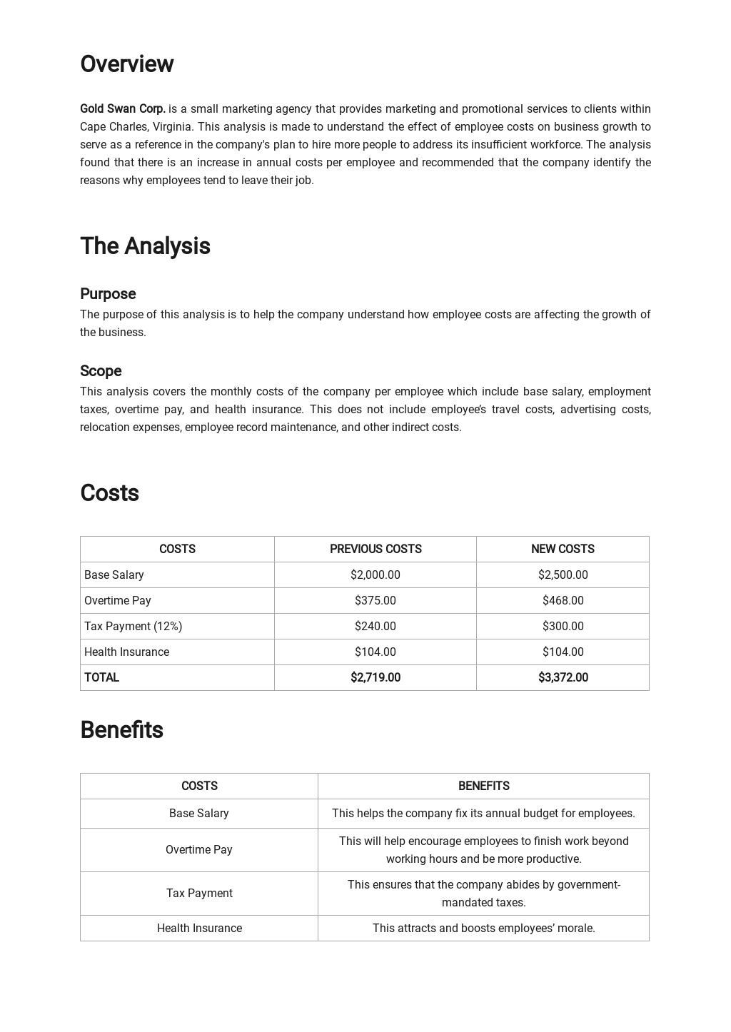 Employee Cost Analysis Template Free PDF Word DOC Apple MAC