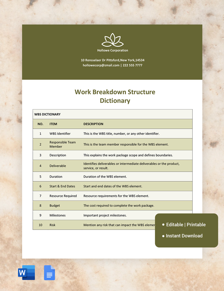 Free Work Breakdown Structure WBS Dictionary Template Download In 