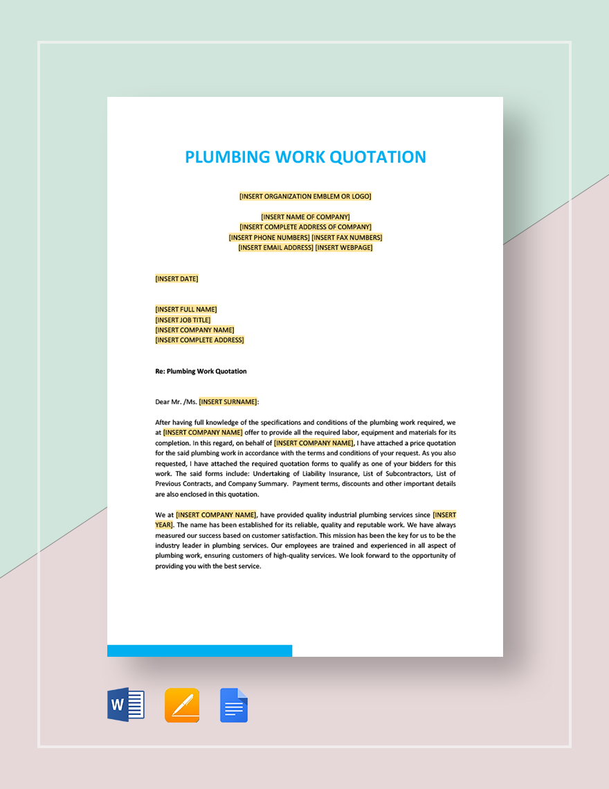 Plumbing Work Quotation Template Download In Word Google Docs 