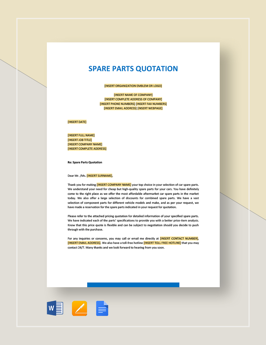 Spare Parts Quotation Template In Pages Word Google Docs Download