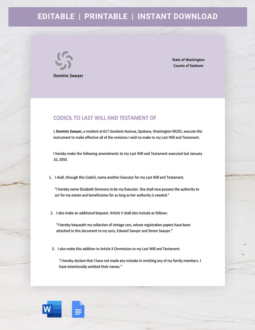 Washington Codicil To Will Template Download In Word Google Docs Template