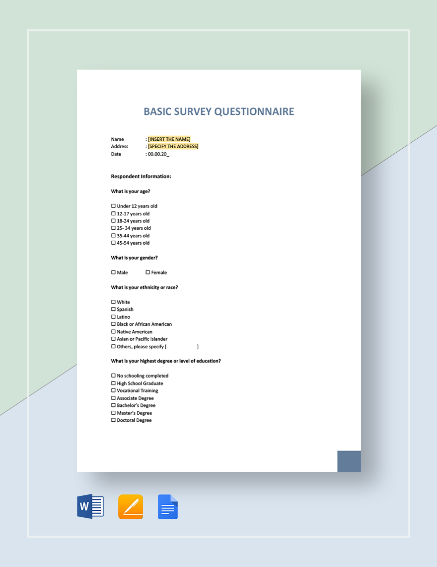 Free Basic Survey Questionnaire Template Download In Word Google 