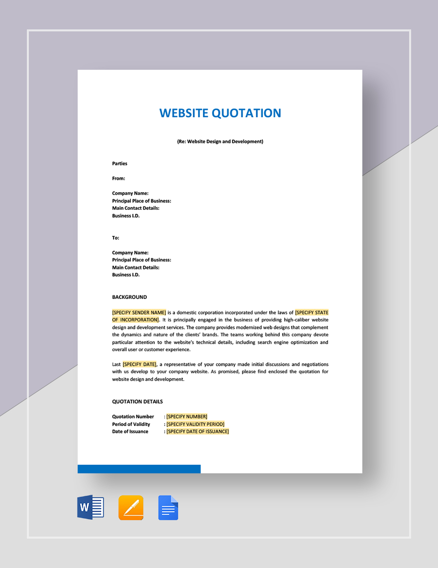 Free Sample Website Quotation Template - Google Docs, Google Sheets, Excel, Word | Template.net