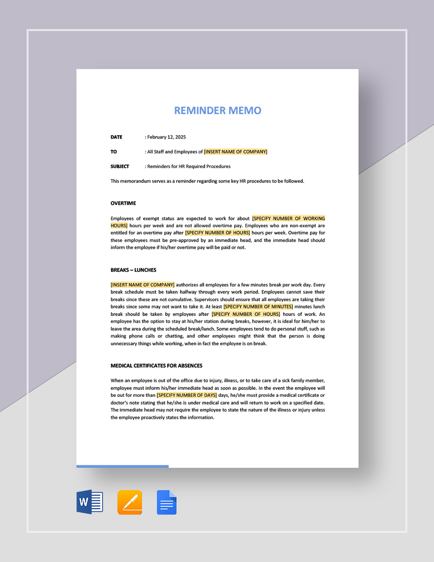 Reminder Memo Template Google Docs Word Apple Pages Template