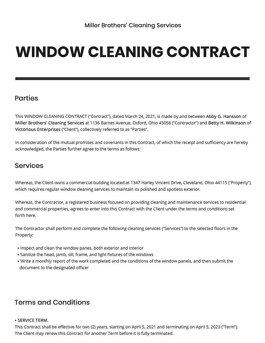 Cleaning Contract Template Google Docs Word Apple Pages Template
