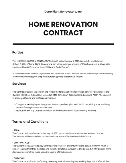 Home Remodeling Contract Template Google Docs Word Apple Pages 