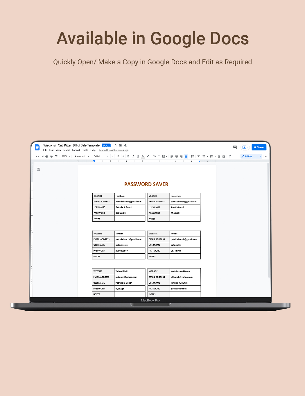 Password Saver Template In Word Google Docs Download Template