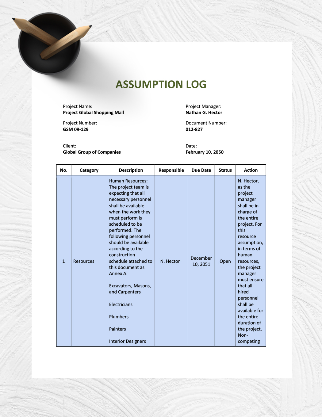 Assumptions Tracking Log Template In Word Google Docs Download