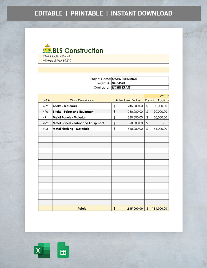Contractor Schedule Of Values Template Google Docs Google Sheets Excel Word Apple Pages 
