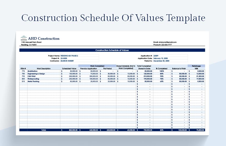 Construction Schedule Of Values Template Google Docs Google Sheets Excel Word Apple Pages 