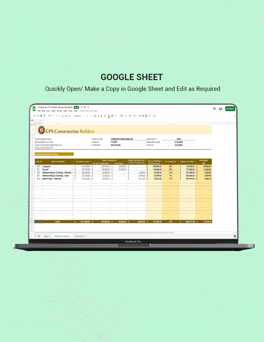 Schedule Of Contract Values Template - Google Sheets, Excel | Template.net