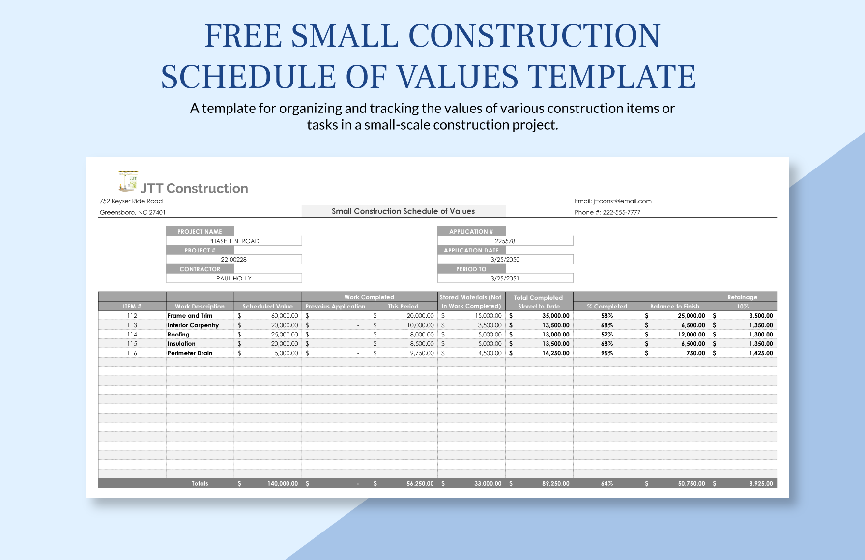 Small Construction Schedule Of Values Templates Download In Word 