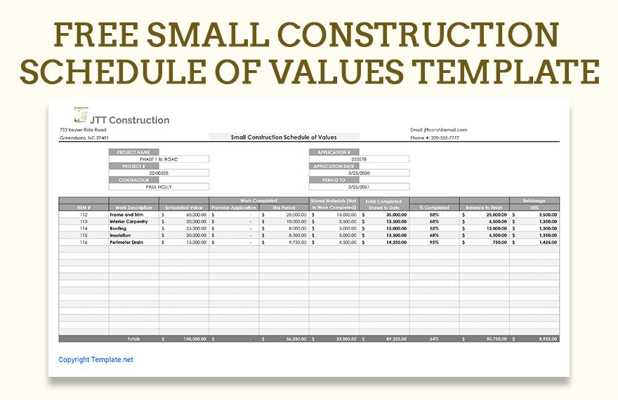 Construction Schedule Of Values Template Free Printable Template