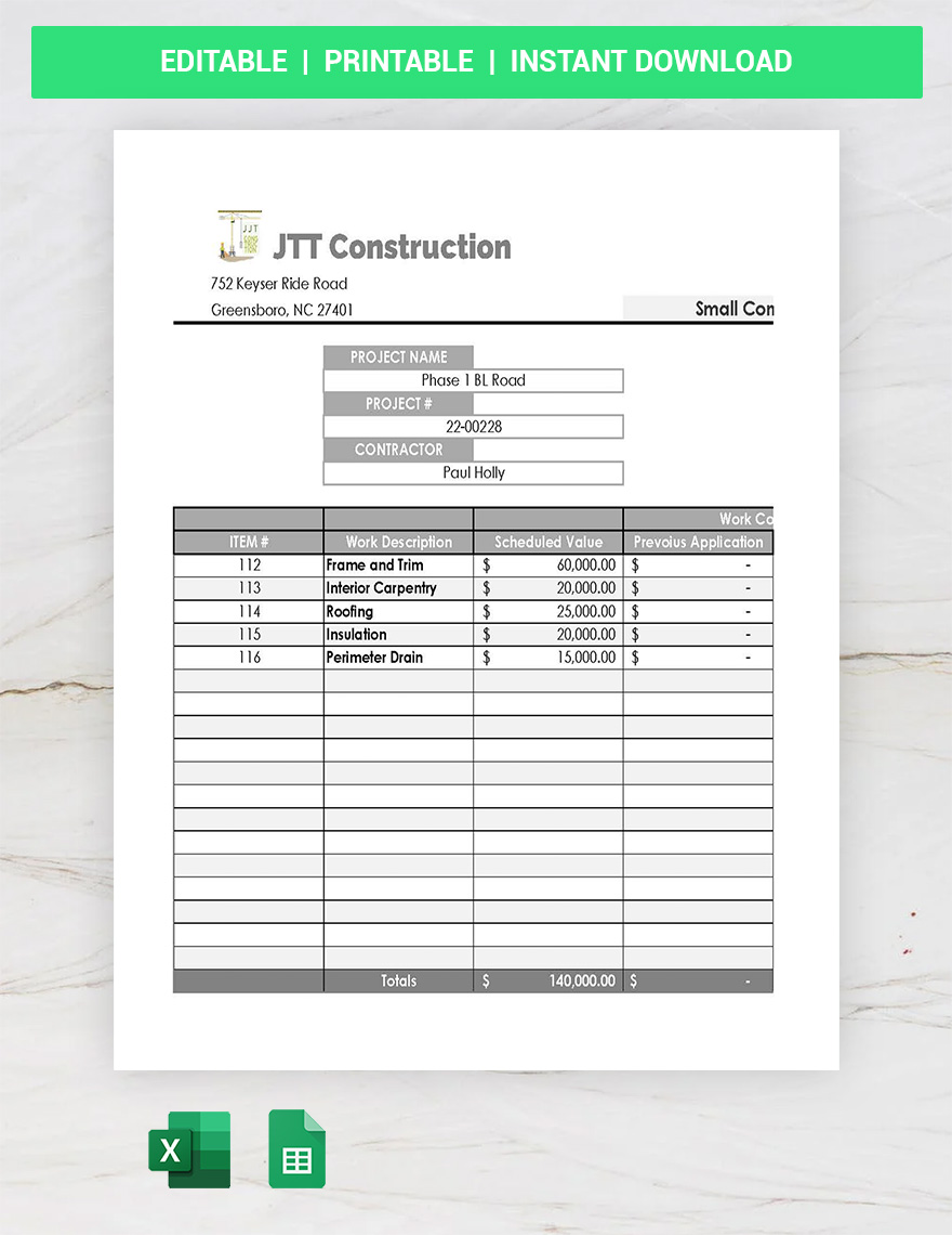 Small Construction Schedule Of Values Templates Google Sheets Excel Template