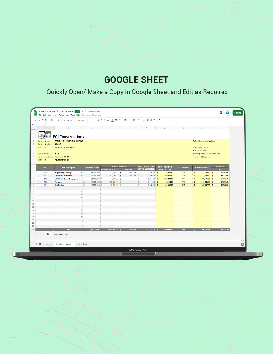 Project Schedule Of Values Template - Google Docs, Google Sheets, Excel, Word, Apple Pages ...