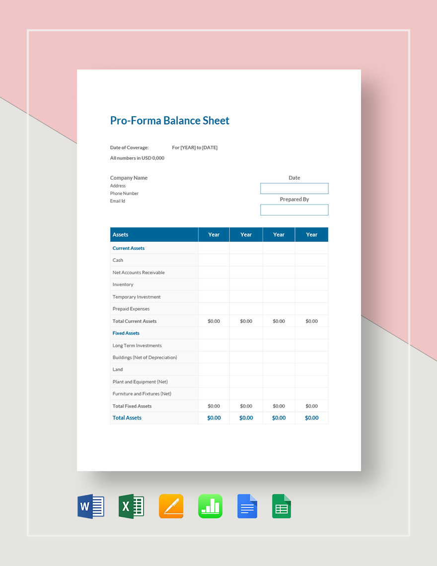 Proforma Balance Sheet Template Google Docs Google Sheets Excel Word Apple Numbers Apple 